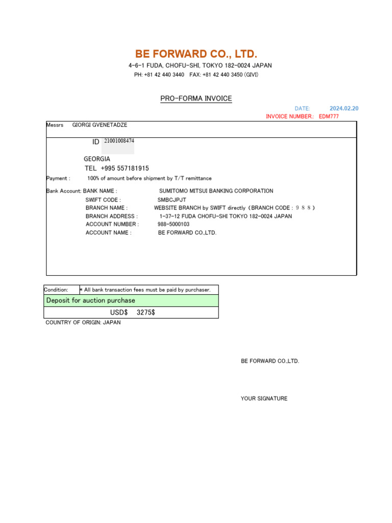 Be Forward Co., LTD.: Pro-Forma Invoice | PDF
