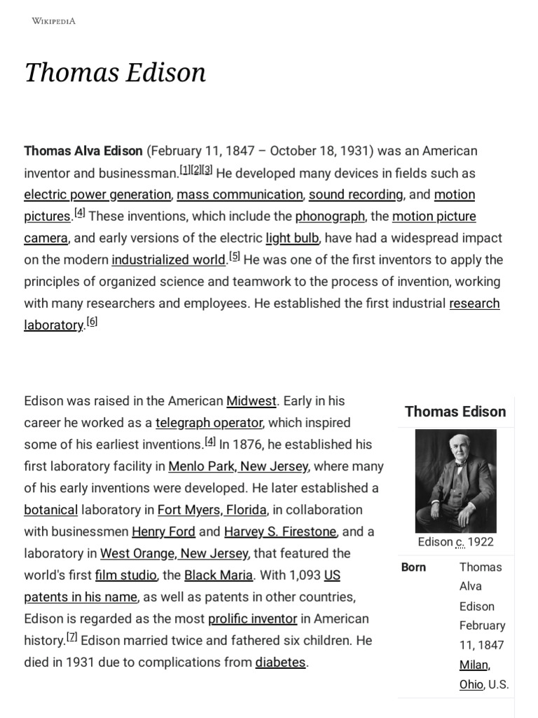 Thomas Edison - Wikipedia | PDF