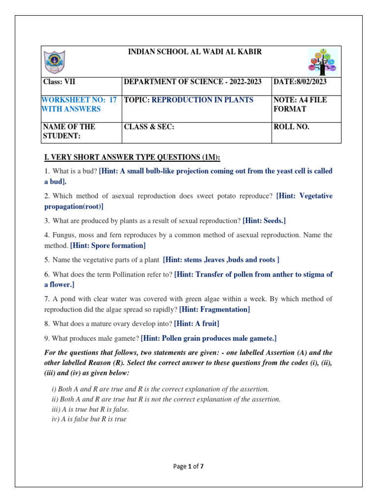9497975-Class 7 - Science - Reproduction in Plants - WS With Ans ...