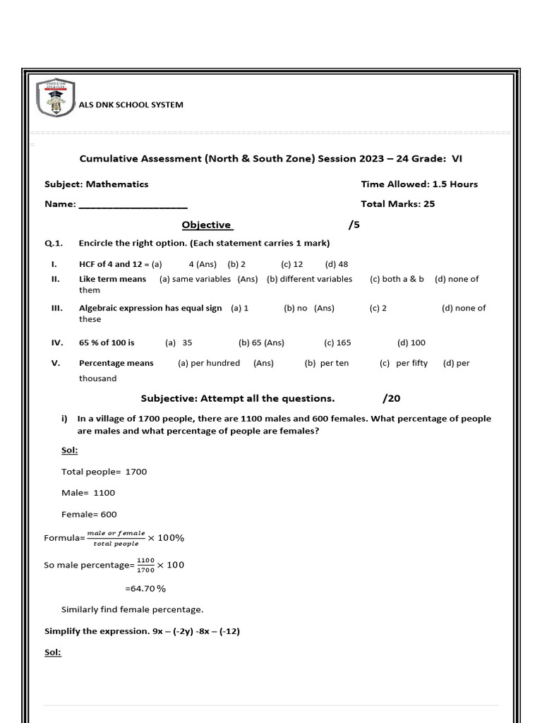 Math 6 Mock Test Solution | PDF | Mathematics | Algebra