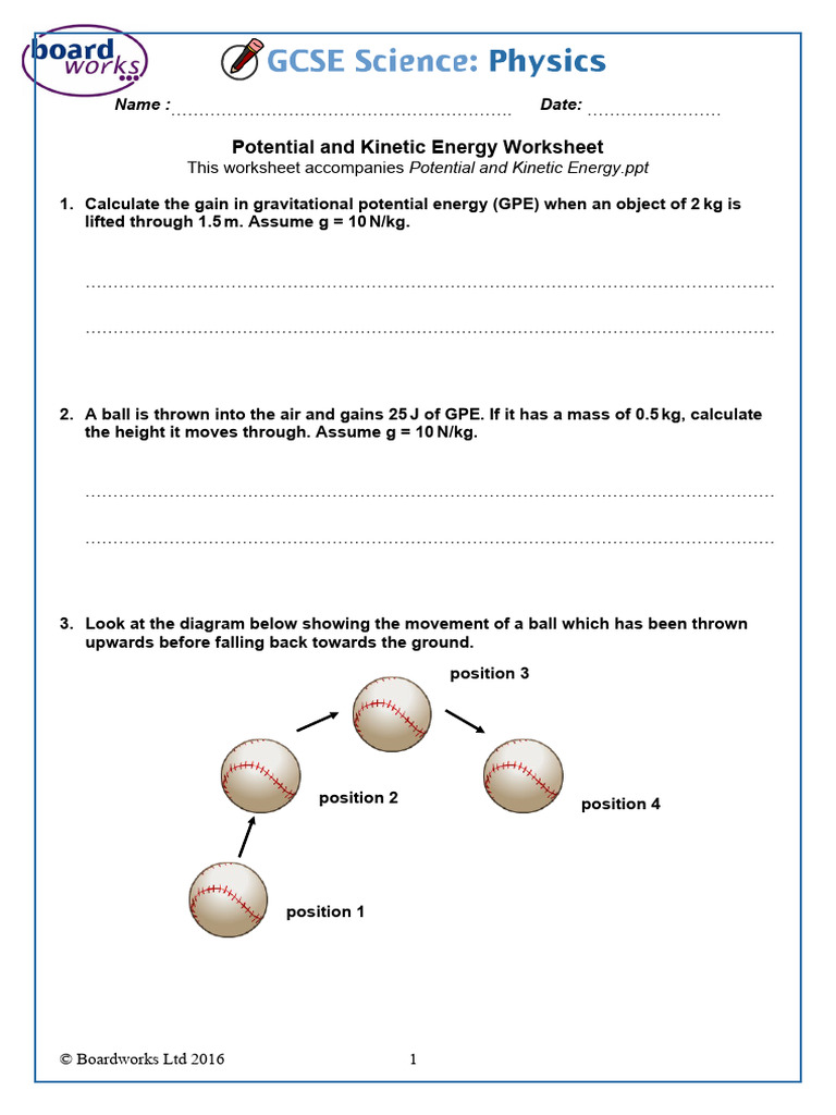 2 Potential and Kinetic Energy Worksheet | PDF | Potential Energy | Mass