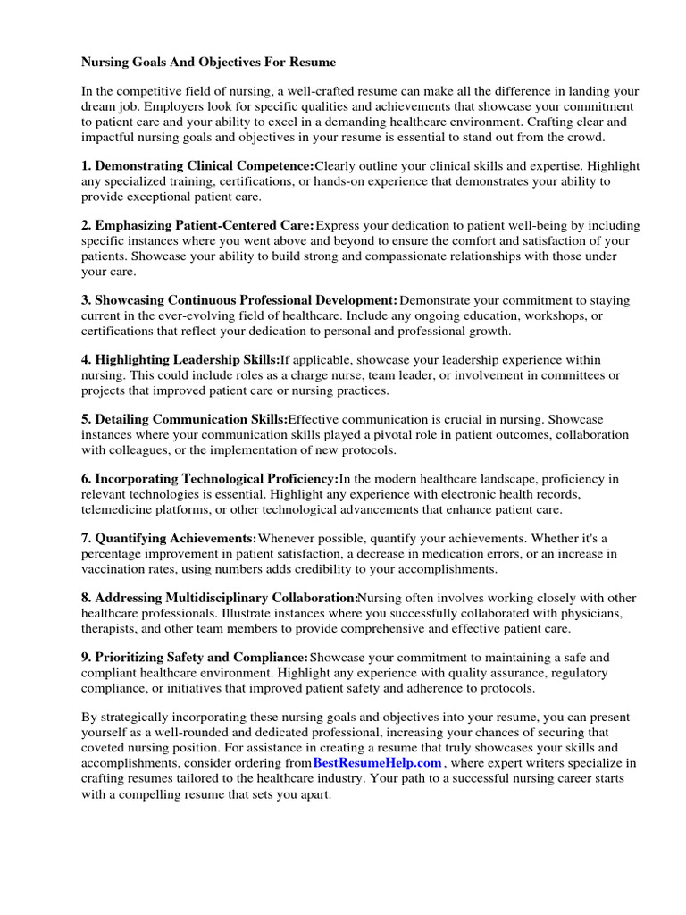 Nursing Goals and Objectives For Resume | PDF | Résumé | Health Care