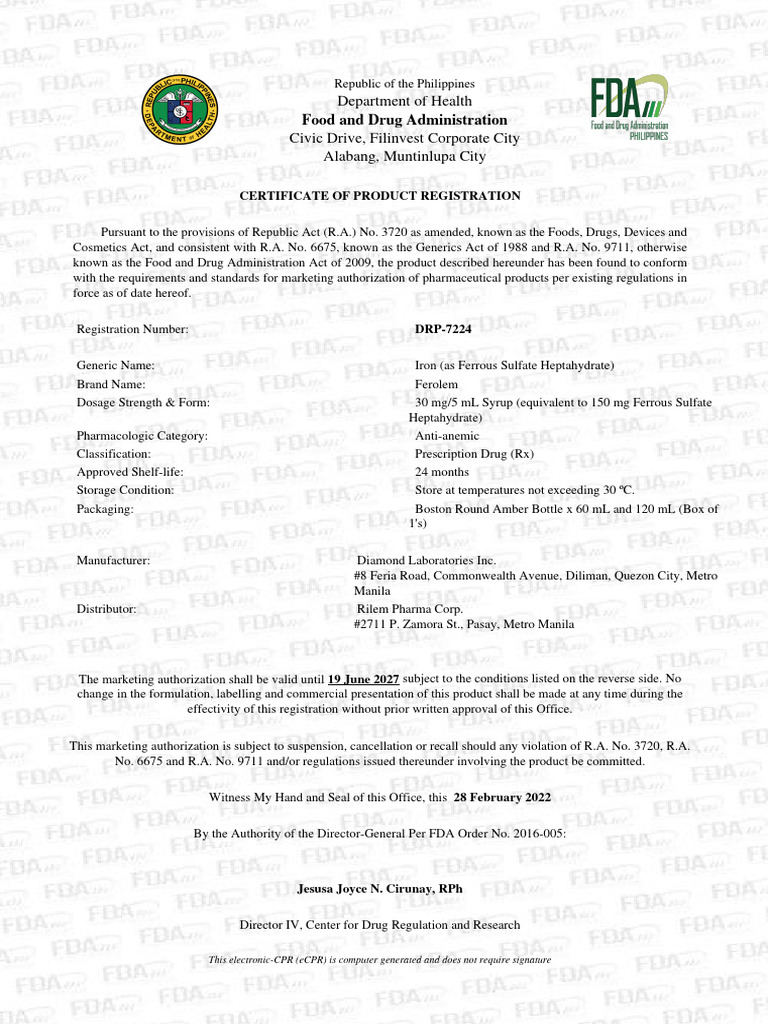 Ferrous Sulfate Syr FEROLEM 6 2027 1 | PDF | Food And Drug ...