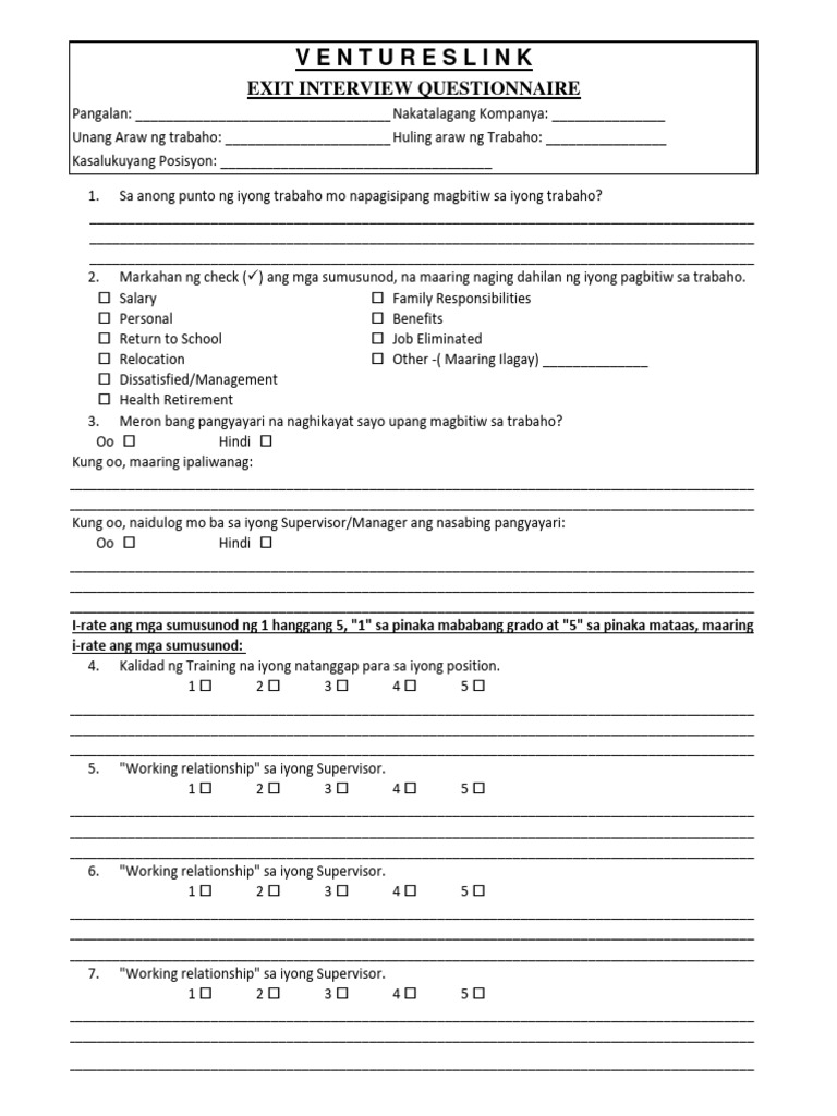 Exit Interview Questionnaire (EIQ) | PDF