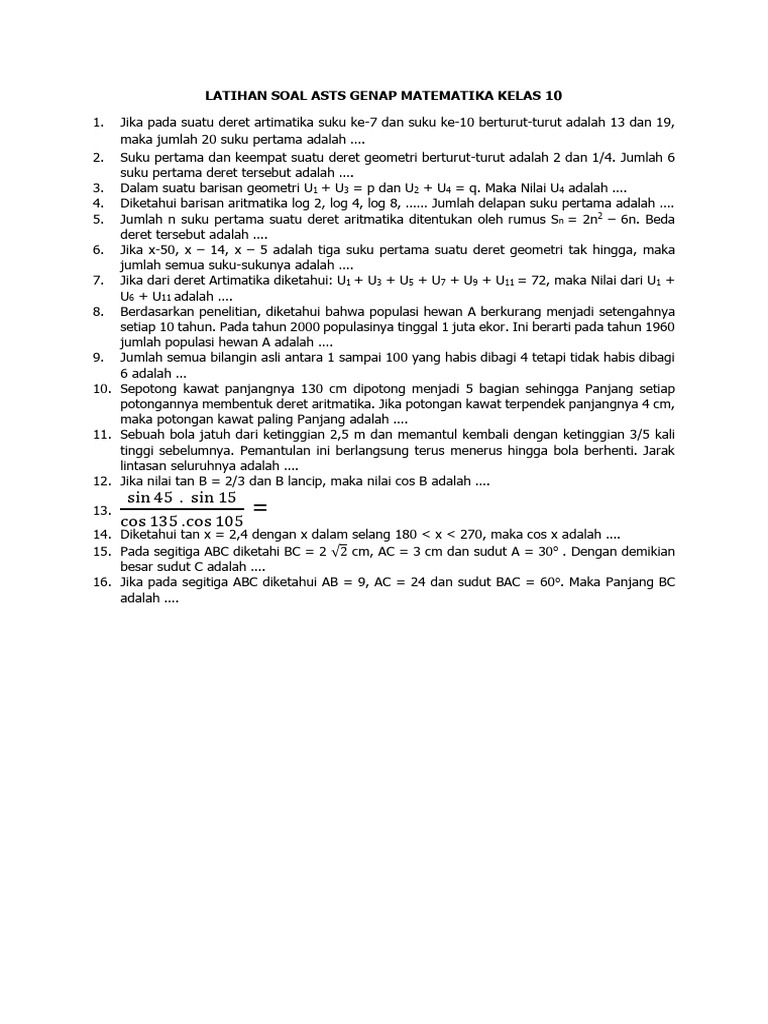 Latihan Soal Asts Genap Matematika Kelas 10 - 240220 - 135906 | PDF | Metode & Bahan Ajar