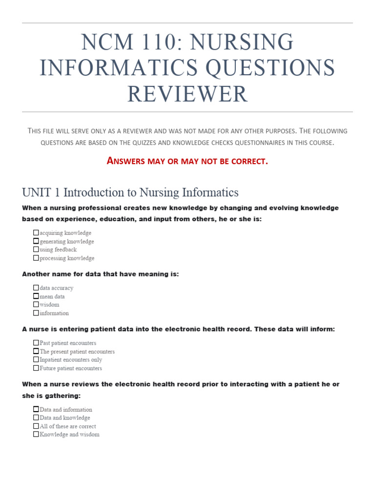 NCM 110 Nursing Informatics Reviewer Questionnaire | PDF | Health Informatics | Computer Science