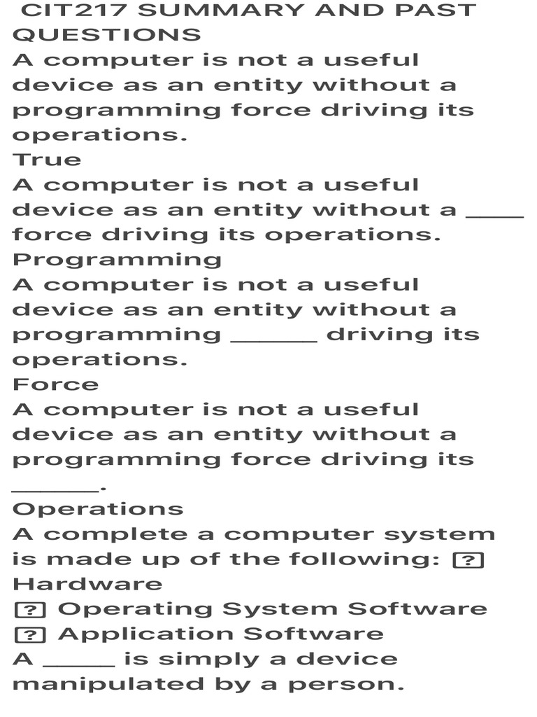 Cit217 Summary and Past Questions | PDF | Computer Program | Programming