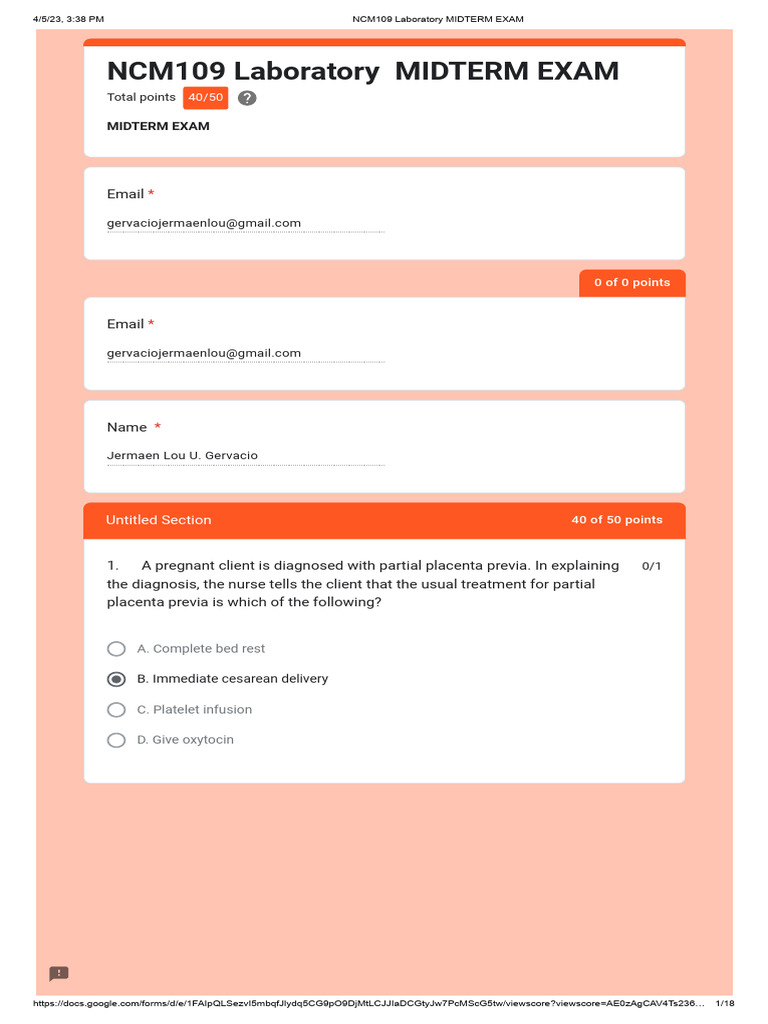 Ncm109 Laboratory Midterm Exam | PDF | Childbirth | Breastfeeding