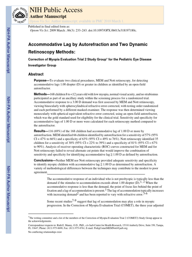 Accommodative Lag by Autorefraction and Two Dynamic Retinoscopy Methods ...