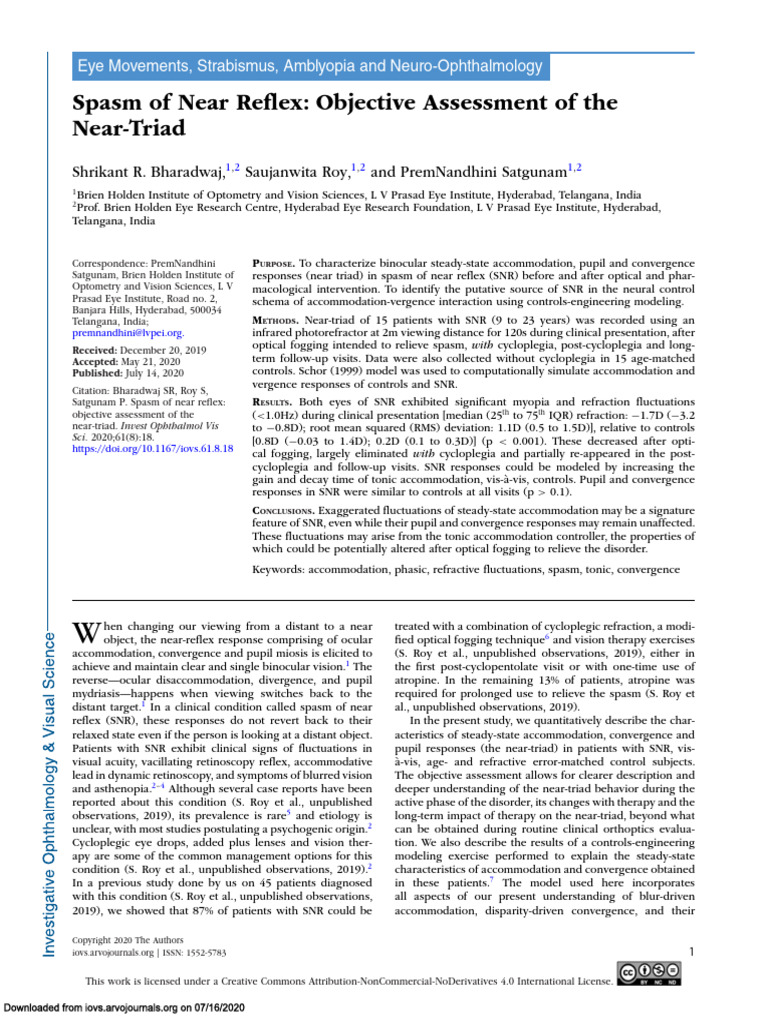 Spasm of Near Reflex Objective Assessment of The Near-Triad | PDF ...