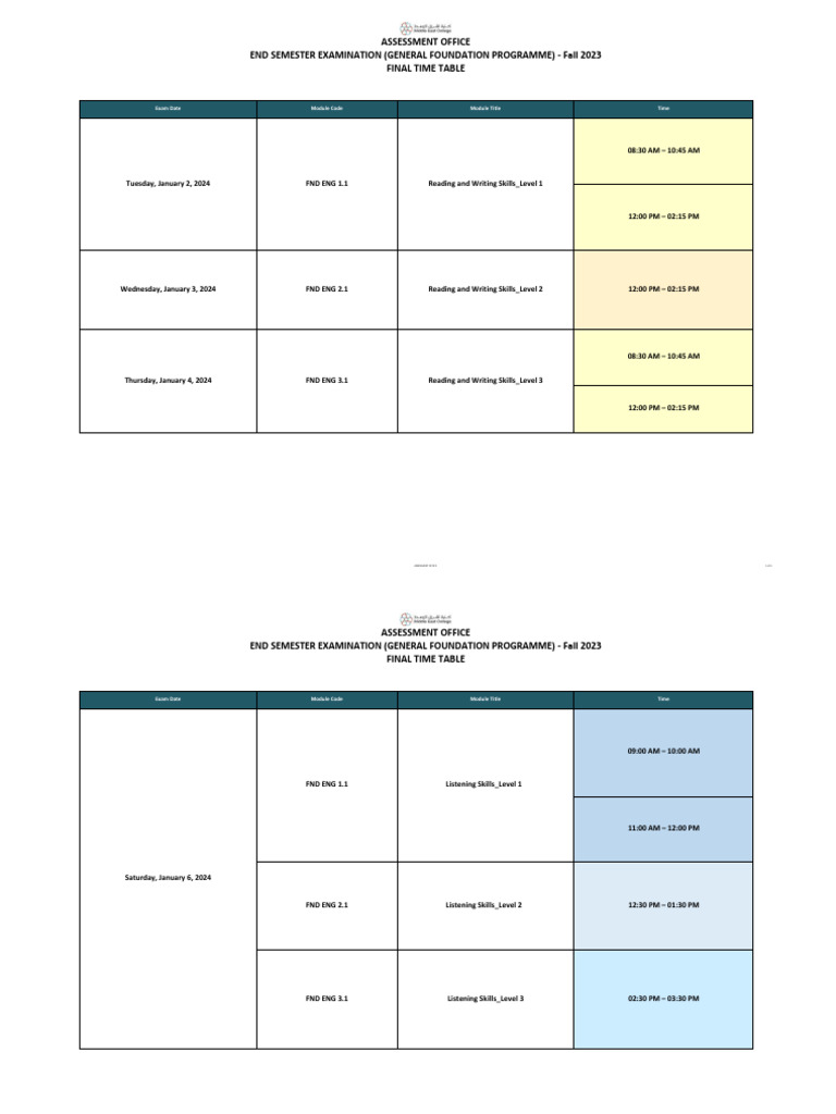 Final Exam TimeTable ESE Fall2023-GFP | PDF | Academic Term
