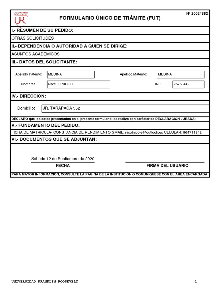 Formulario Único de Trámite (Fut) : I.-Resumen de Su Pedido | PDF | Ciencias sociales | Derecho