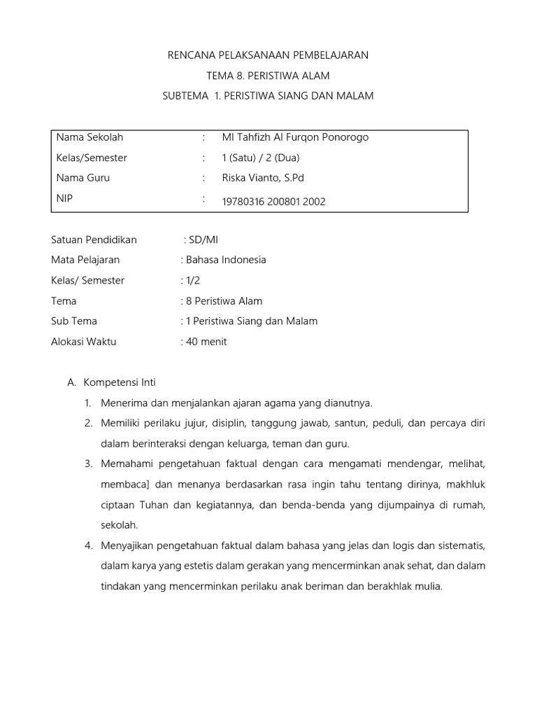 RPP Bahasa Indonesia Kelas 1 Semester 2 | PDF | Seni & Disiplin Bahasa | Sains & Matematika