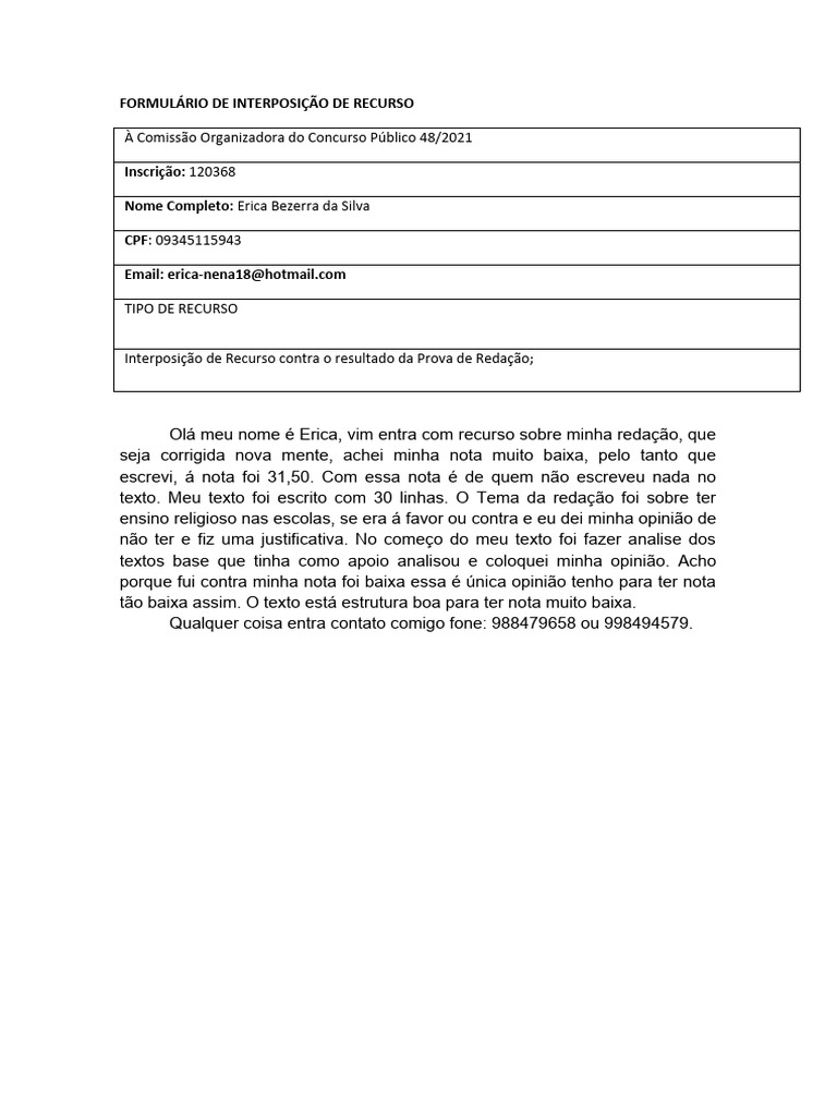 Formulário de Interposição de Recurso | PDF Formulário de Interposição de Recurso | PDF
