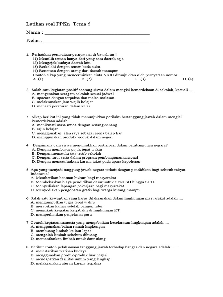 Latihan Soal PPKN Tema 6 | PDF