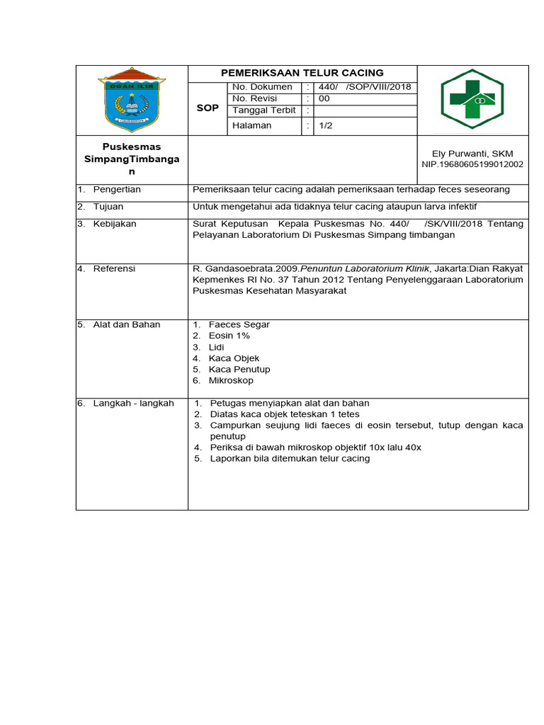 Sop Pemeriksaan Telur Cacing | PDF