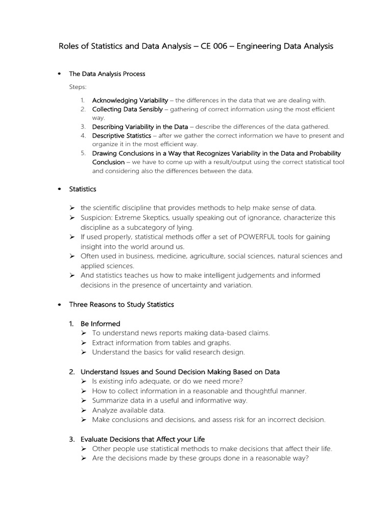 Lesson 1 - Roles of Statistics and Data Analysis | PDF | Statistics | Categorical Variable