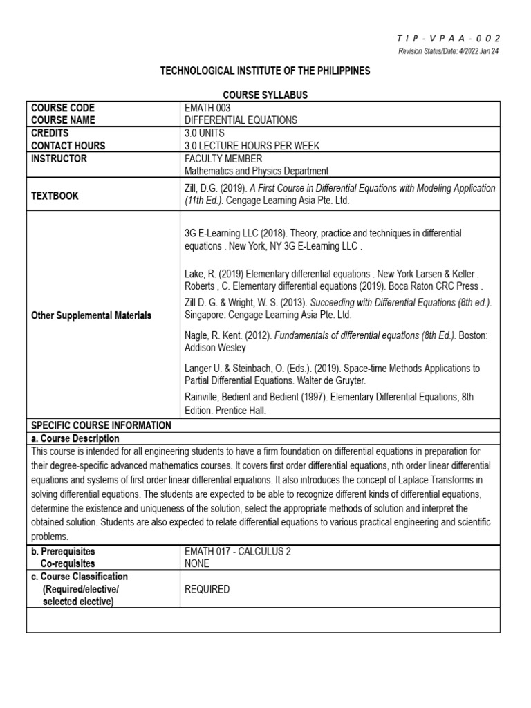 Differential Equations Course Syllabus | PDF | Differential Equations ...