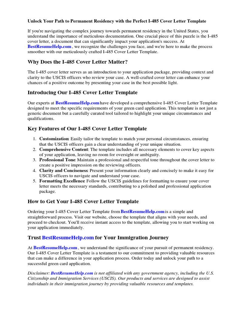 I 485 Cover Letter Template | PDF | United States Citizenship And ...