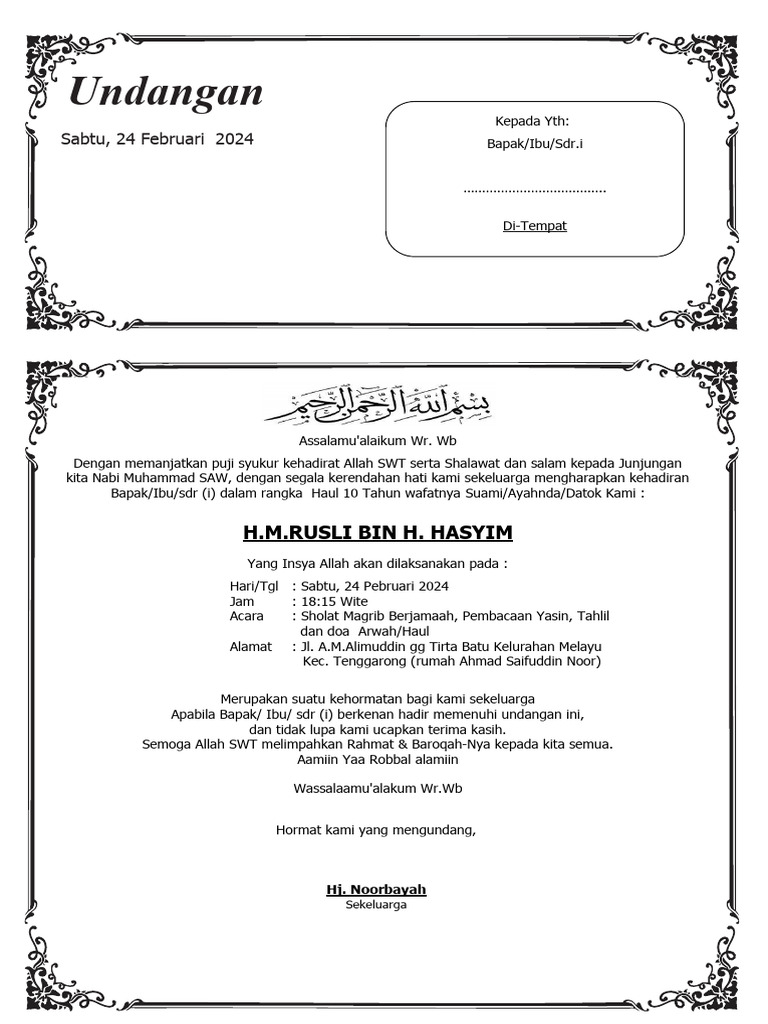 Undangan Haul 10 Tahun H.M. Rusli | PDF
