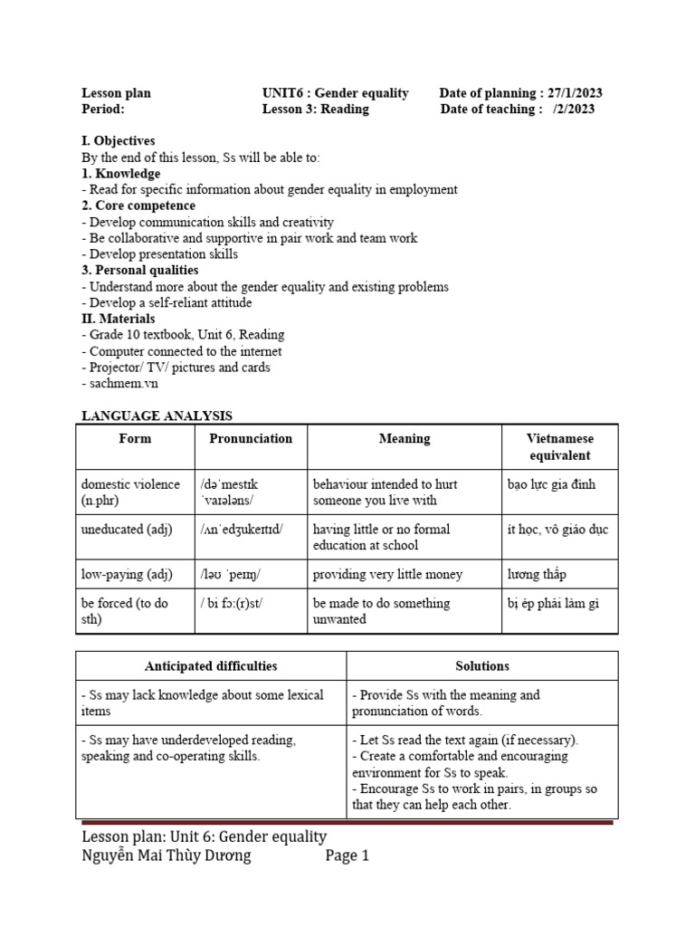 Gender Equality Lesson Plan Pdf Female Education Child Marriage