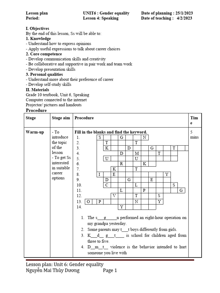 Lesson Plan) - UNIT6 - Speaking | PDF | Violence | Gender Equality