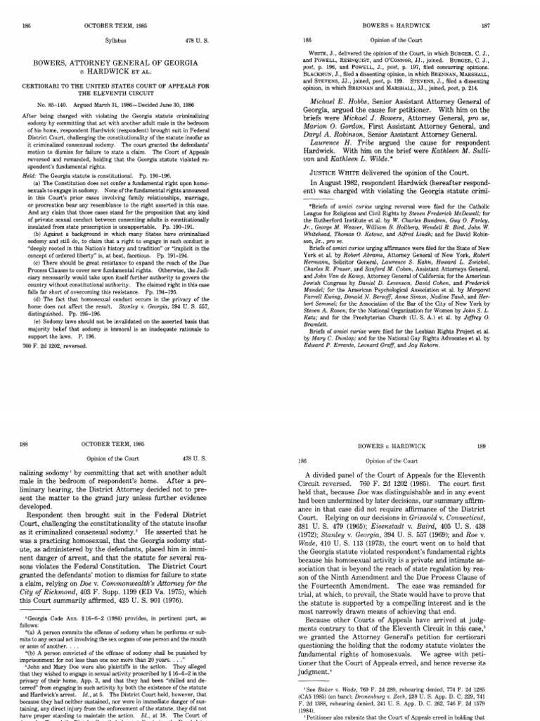 Bowers | PDF | Bowers V. Hardwick | Fourteenth Amendment To The United ...