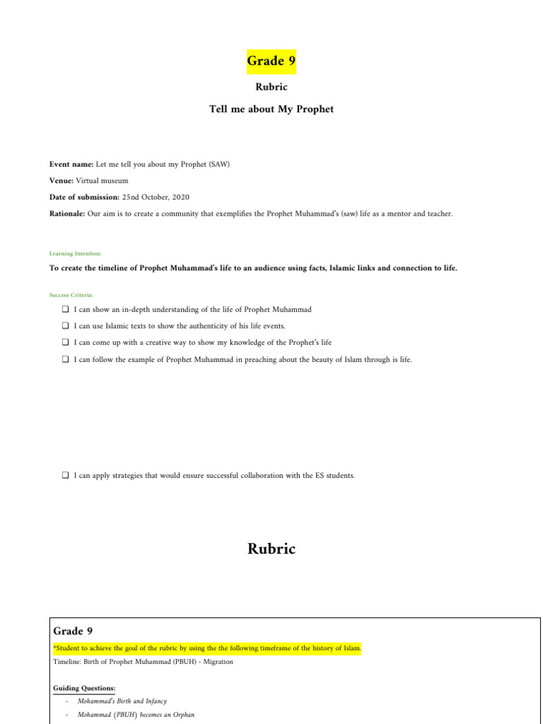 Gr. 9 Rubric Prophet - S Timeline | PDF | Muhammad | Abrahamic Religions