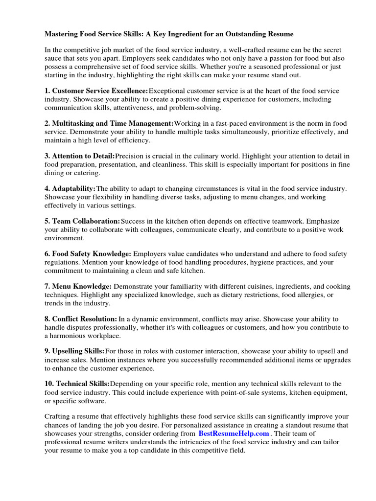 Food Service Skills For Resume | PDF | Restaurants | Foodservice