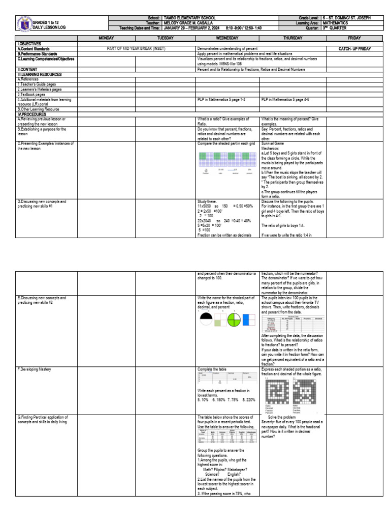 DLL - Mathematics 5 - Q3 - W1 | PDF | Mathematics | Learning