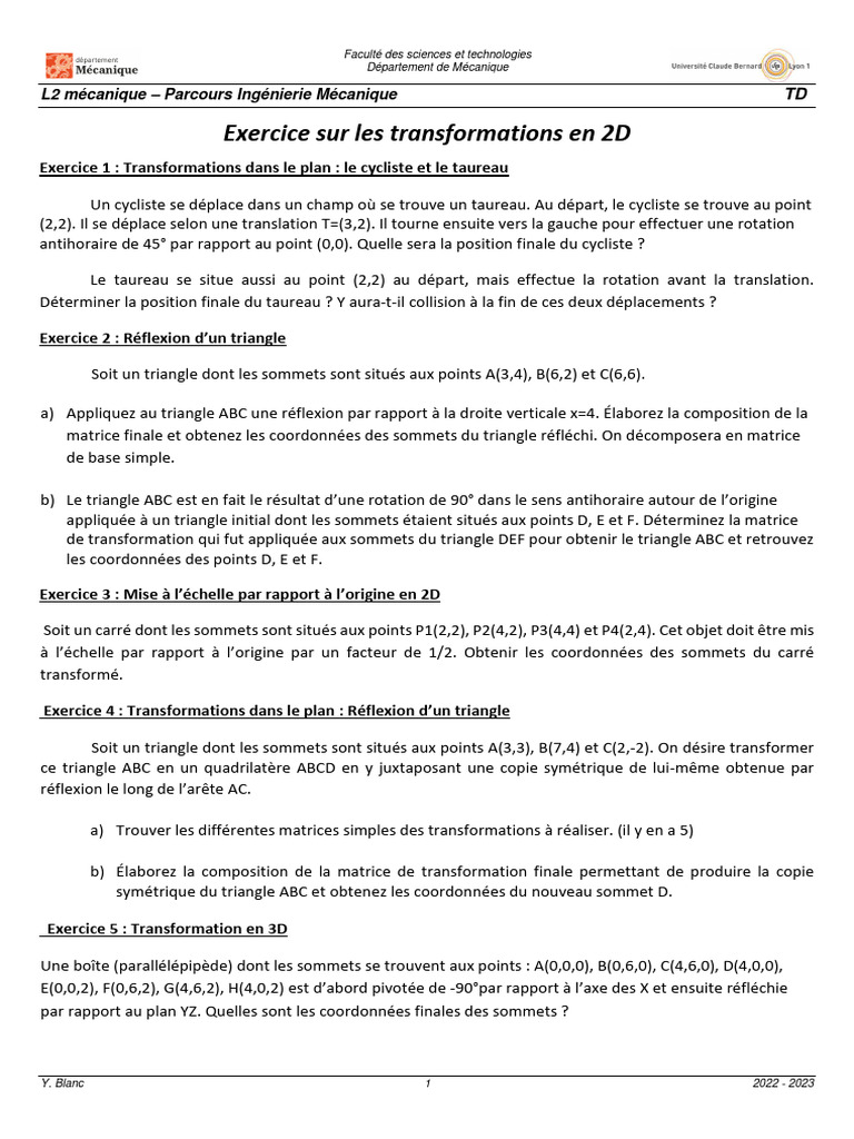 TD Transformation Géométrique | PDF | Mathématiques élémentaires ...