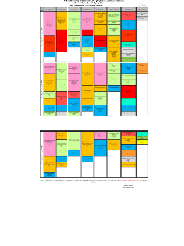 1st Sessional Examination Schedule Spring 2024 - Draft - As On 14-02-2024 | PDF
