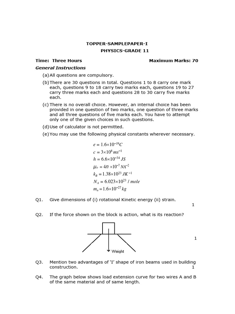 Grade 11 Physics Sample Paper | PDF
