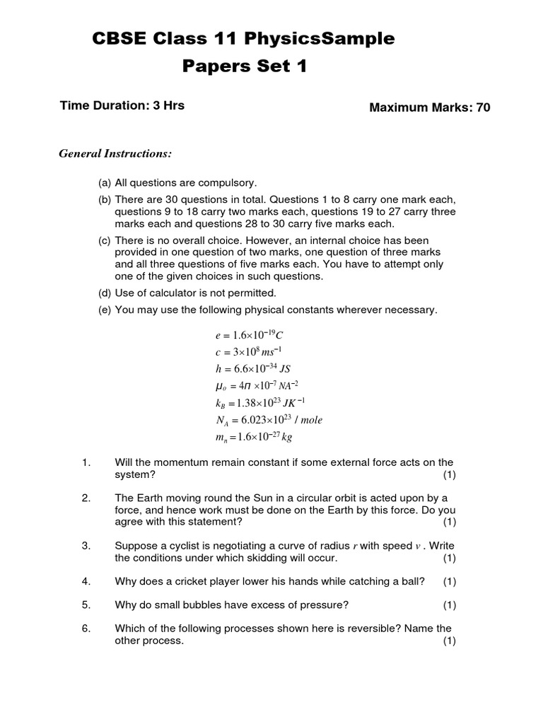 CBSE Class 11 Physics Sample Paper Set 1 ED | Download Free PDF | Gases | Kinetic Energy