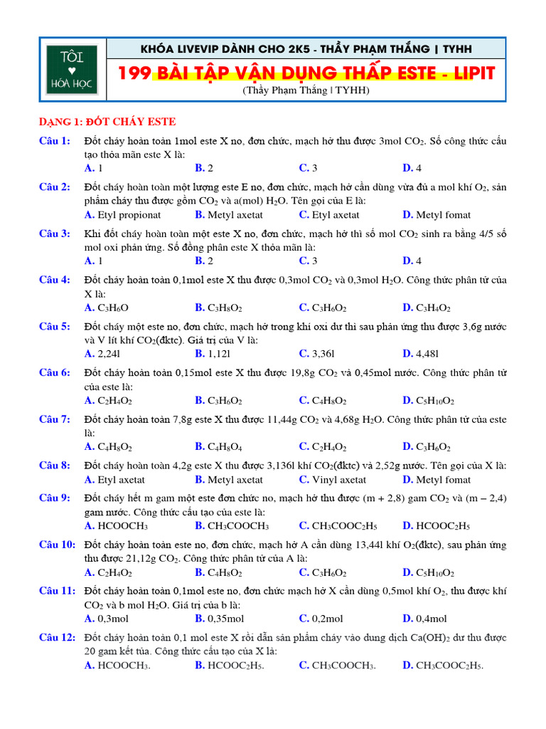 199 Bài Tập Vận Dụng Este - Lipit Từ Dễ Đến Khó Nhóm Kín Live Vip 2K5 ...