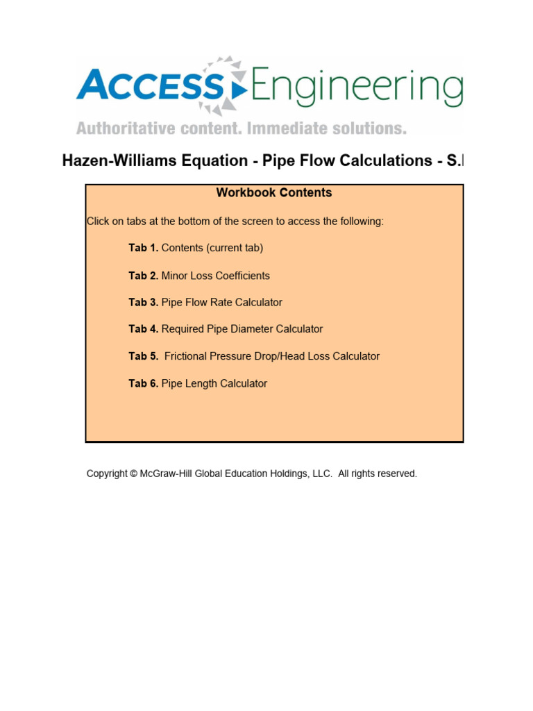 Hazen-Williams Pipe Flow Calculations SI Units | PDF | Valve | Flow ...