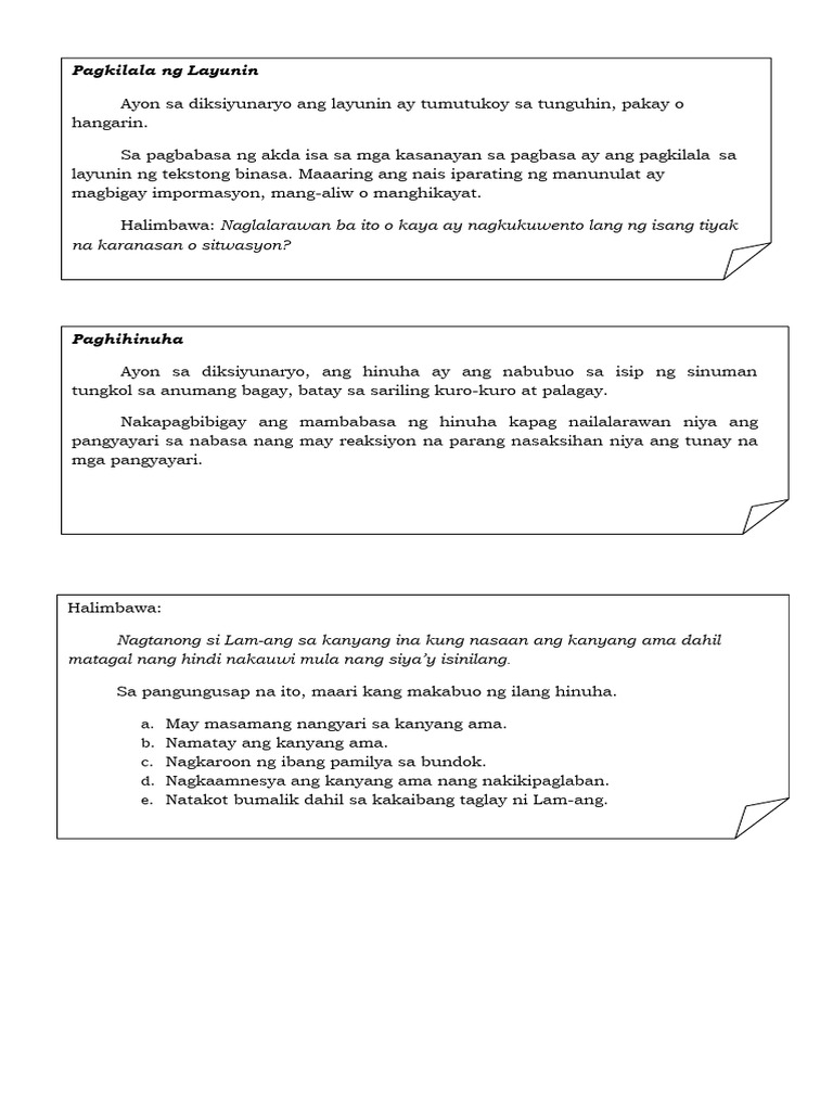 Pagsasanay Sa Pag Unawa at Paghihinuha Sa Binasang Teksto | PDF