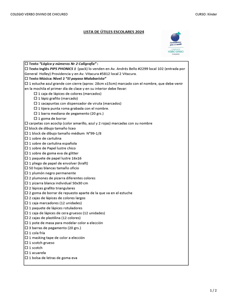 Útiles Escolares Kínder 2024 | PDF | Lápiz | Materiales de Conservación ...