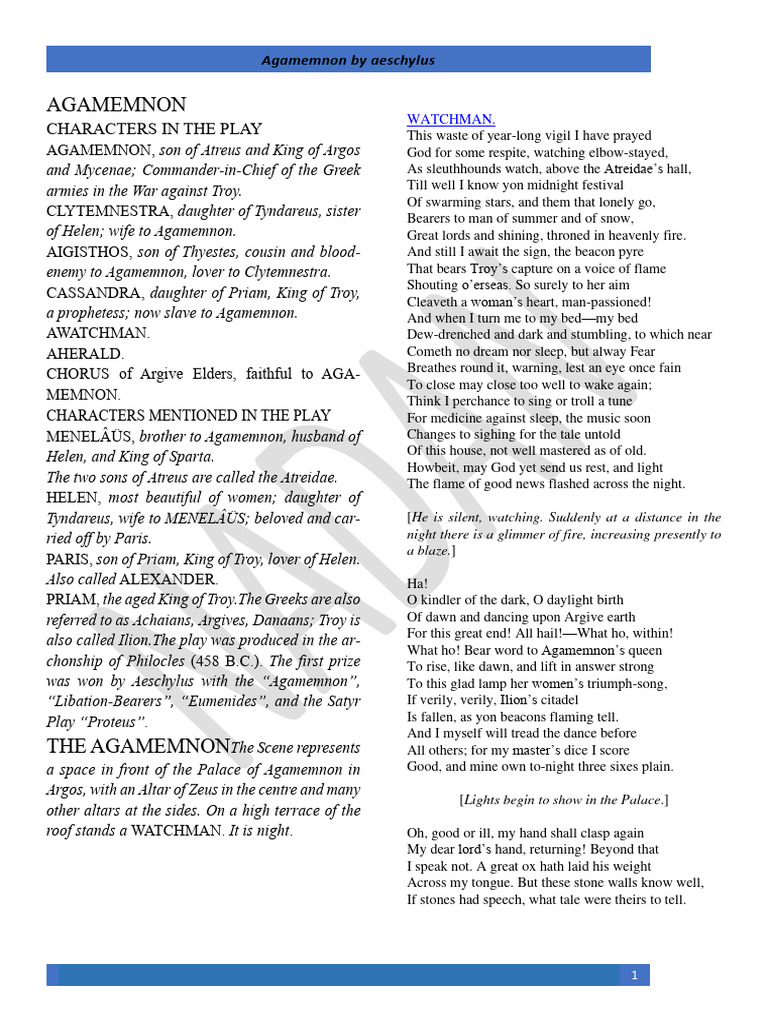 Agamemnoncharacters in The Play | PDF | Agamemnon
