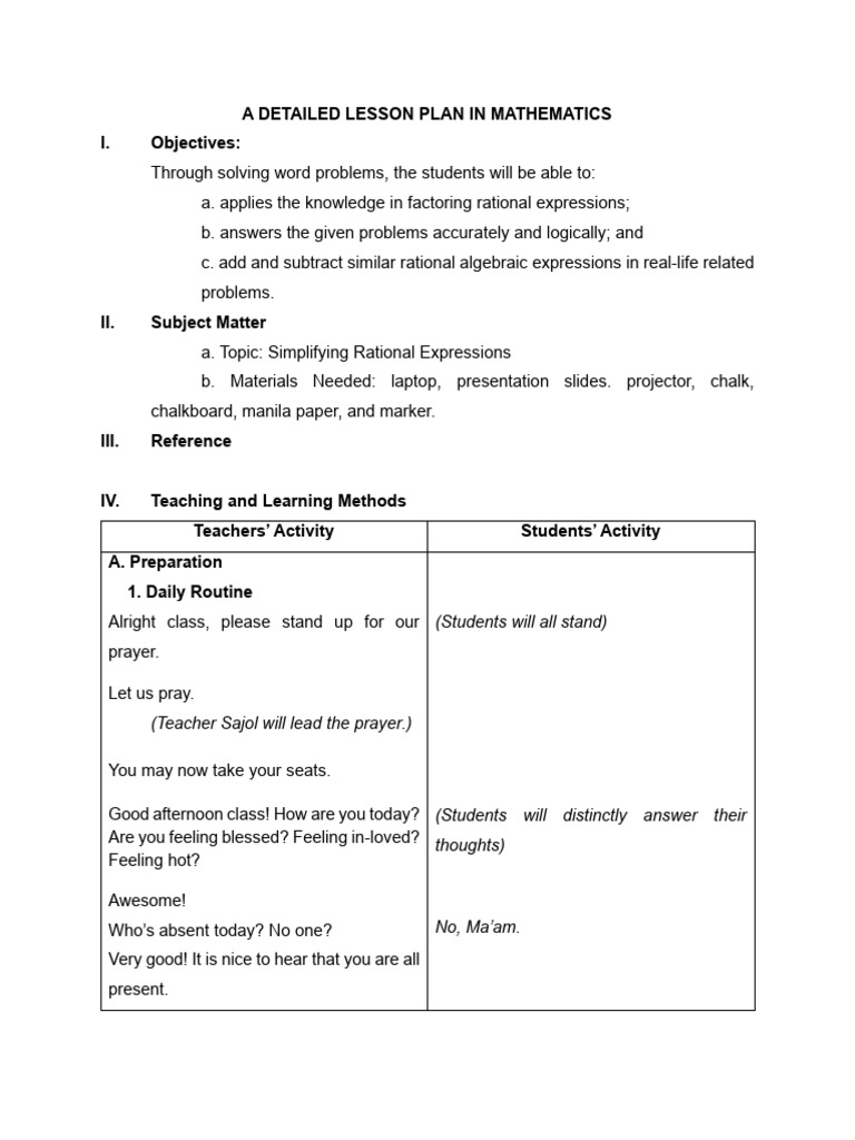 A Detailed Lesson Plan in Mathematics | PDF