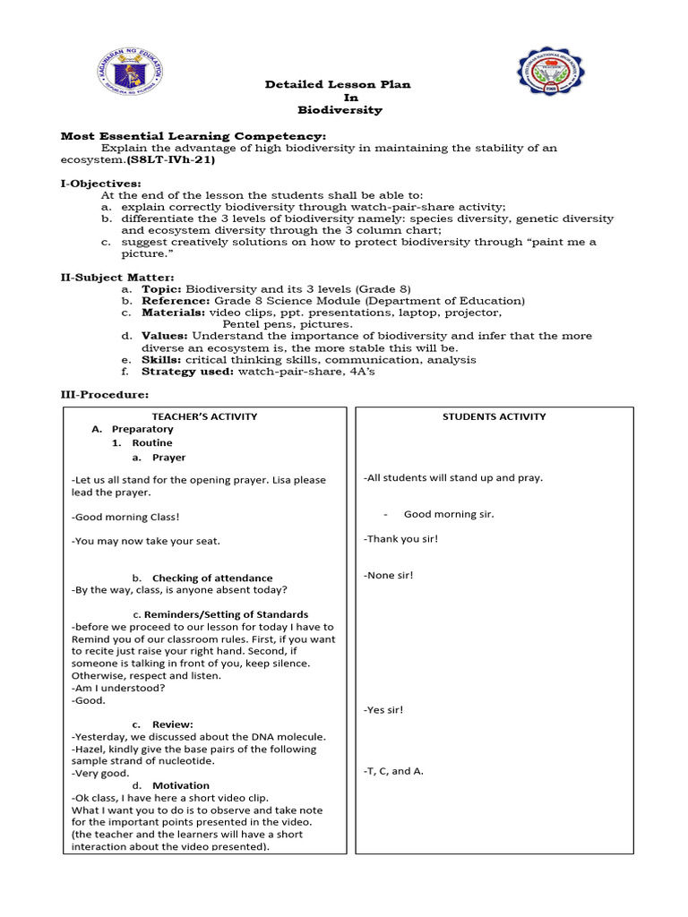 Detailed Lesson Plan - BIODIVERSITY For Upload | PDF | Biodiversity ...
