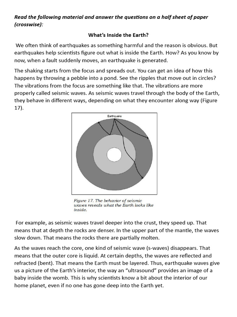 What's Inside The Earth?: Read The Following Material and Answer The ...