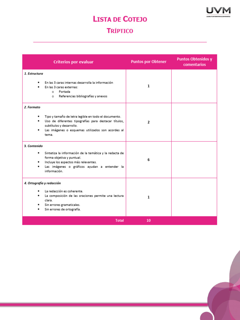 Lista de Cotejo para Tríptico | PDF