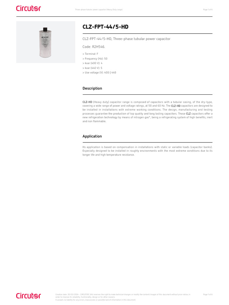 Capacitor - Data Sheet - Circutor | PDF | Capacitor | Power (Physics)