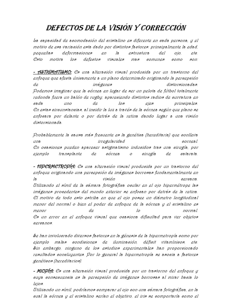 DEFECTOS DE LA VISIÓN Y CORRECCIÓN | PDF | Ojo humano | Percepción visual