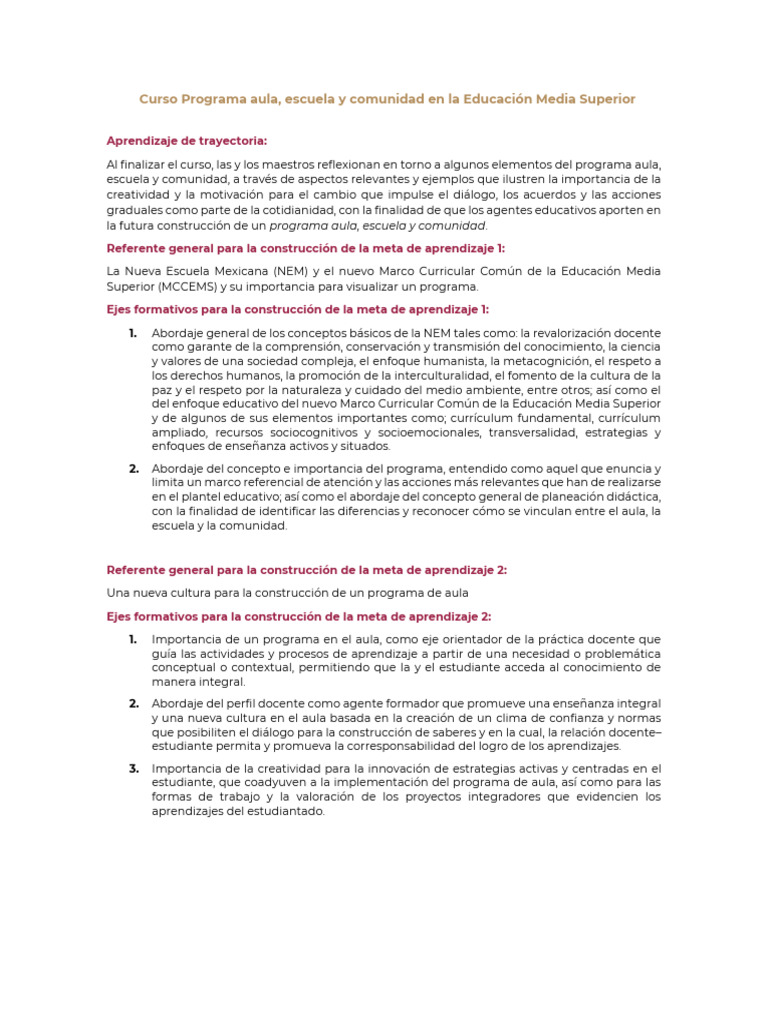 Curso Programa Aula, Escuela y Comunidad | PDF | Plan de estudios | Salón de clases