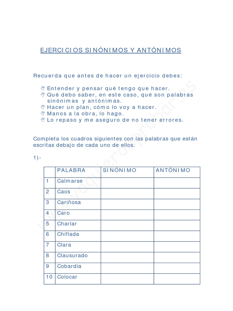 Ejercicios de Sinónimos y Antónimos | PDF