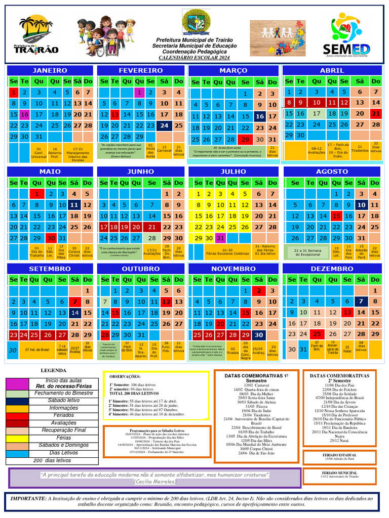 Calendário Escolar 2024 | PDF | Comemorações