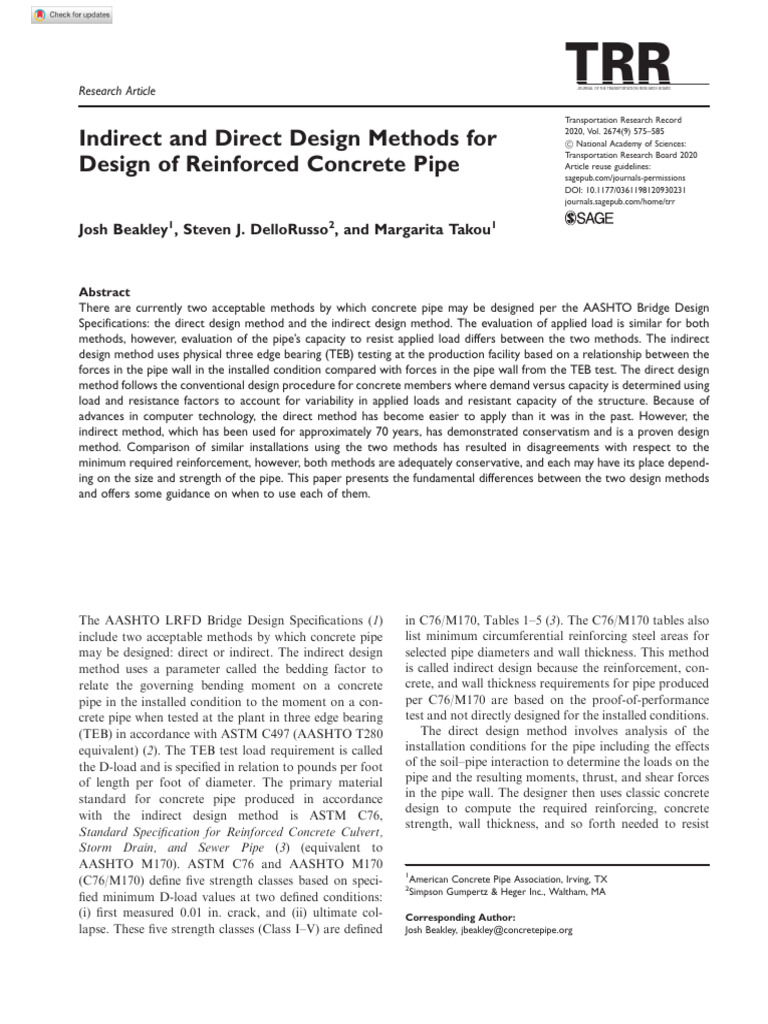 Beakley Et Al 2020 Indirect and Direct Design Methods For Design of Reinforced Concrete Pipe ...