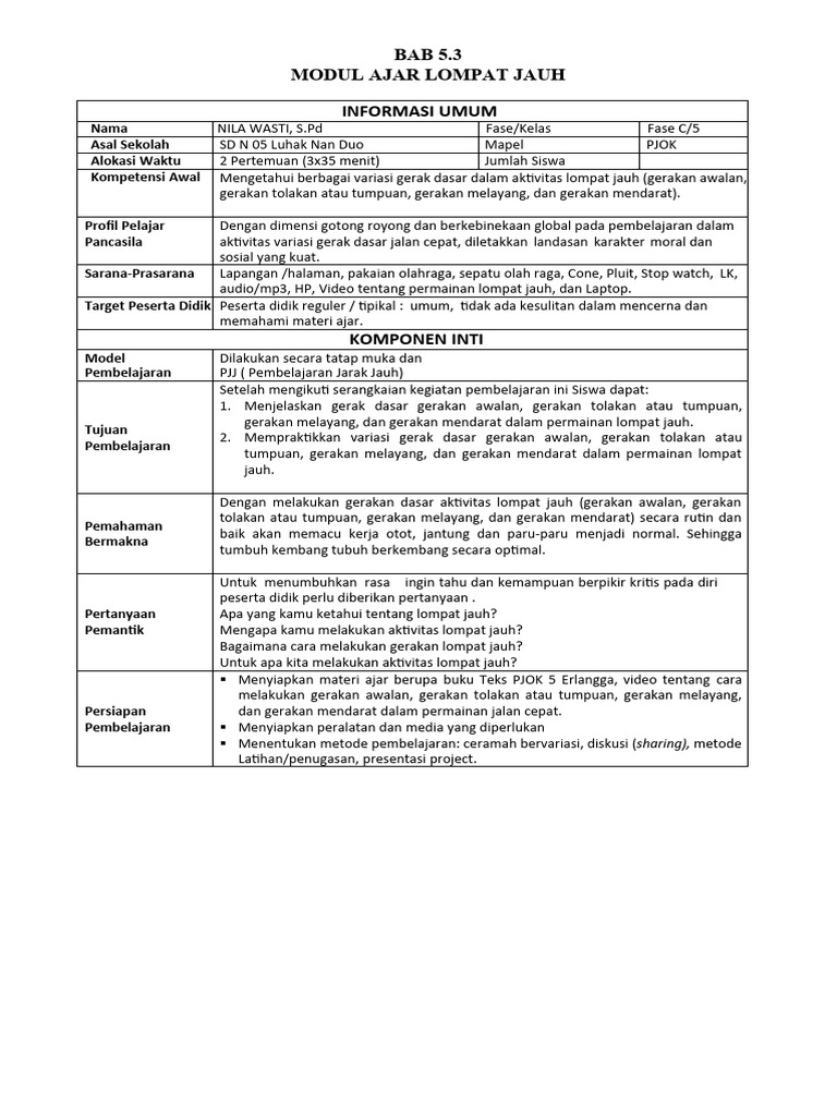 MODUL AJAR PJOK 5 BAB 5.3 (Lompat Jauh) | PDF